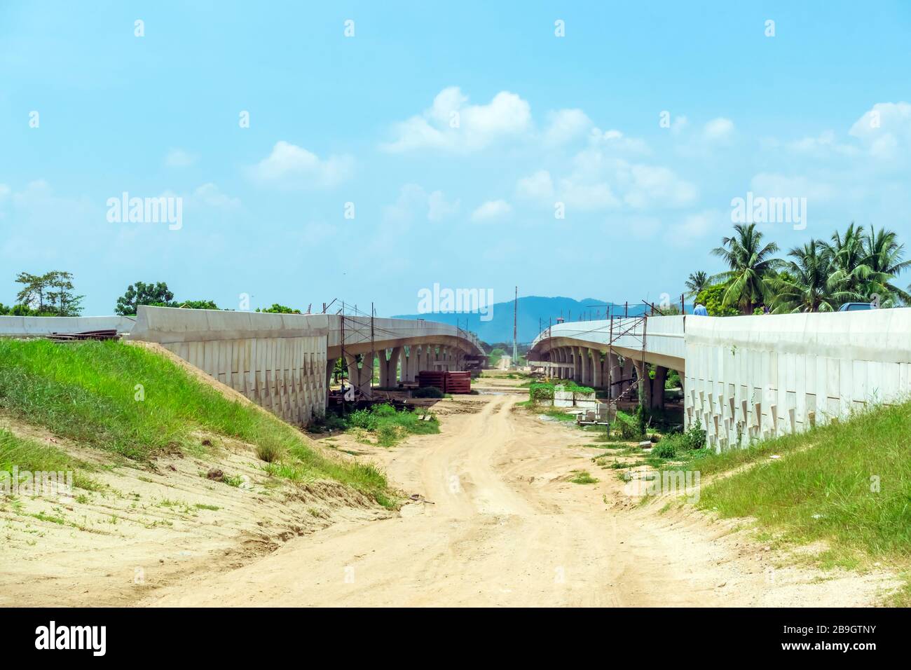 Unfinished of construction of the large concrete bridge of the motorway ...
