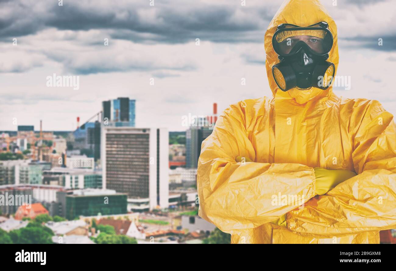 Man in biohazard suit. Tallinn city. Estonia. Covid-19 quarantine ...