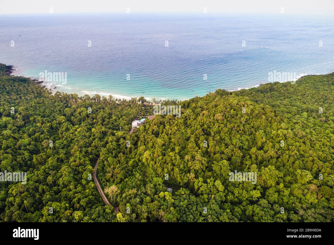 Seashore blue ocean with green tree forest aerial view Stock Photo - Alamy