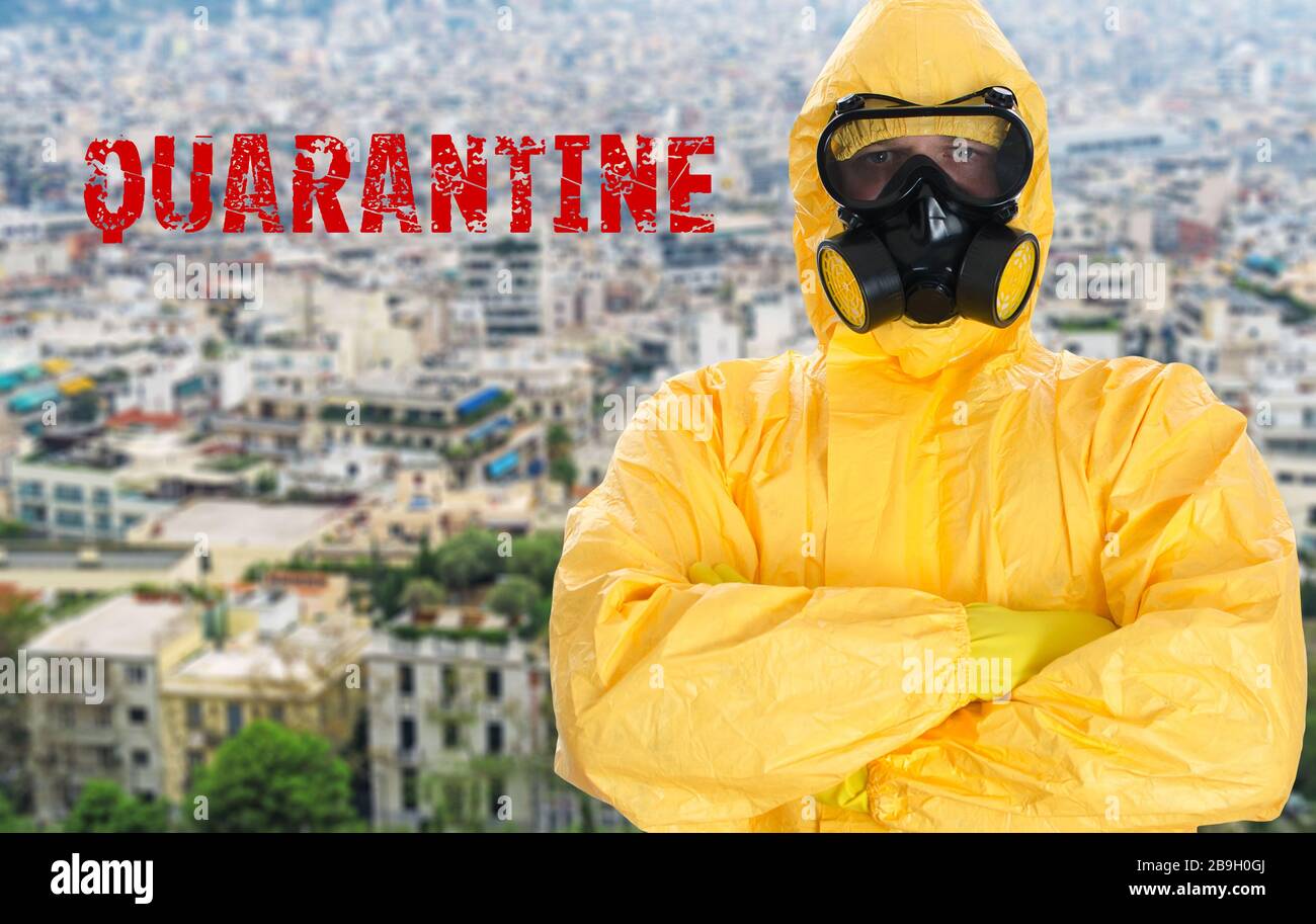 Man in biohazard suit. Quarantine in metropolis. Covid-19 quarantine ...