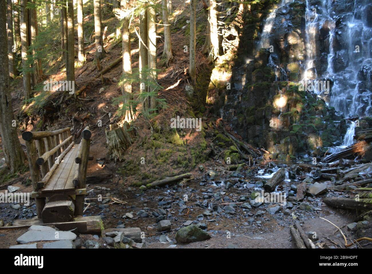 A bridge nexgt to the 120ft tall Ramona Falls on the Upper Sandy River ...