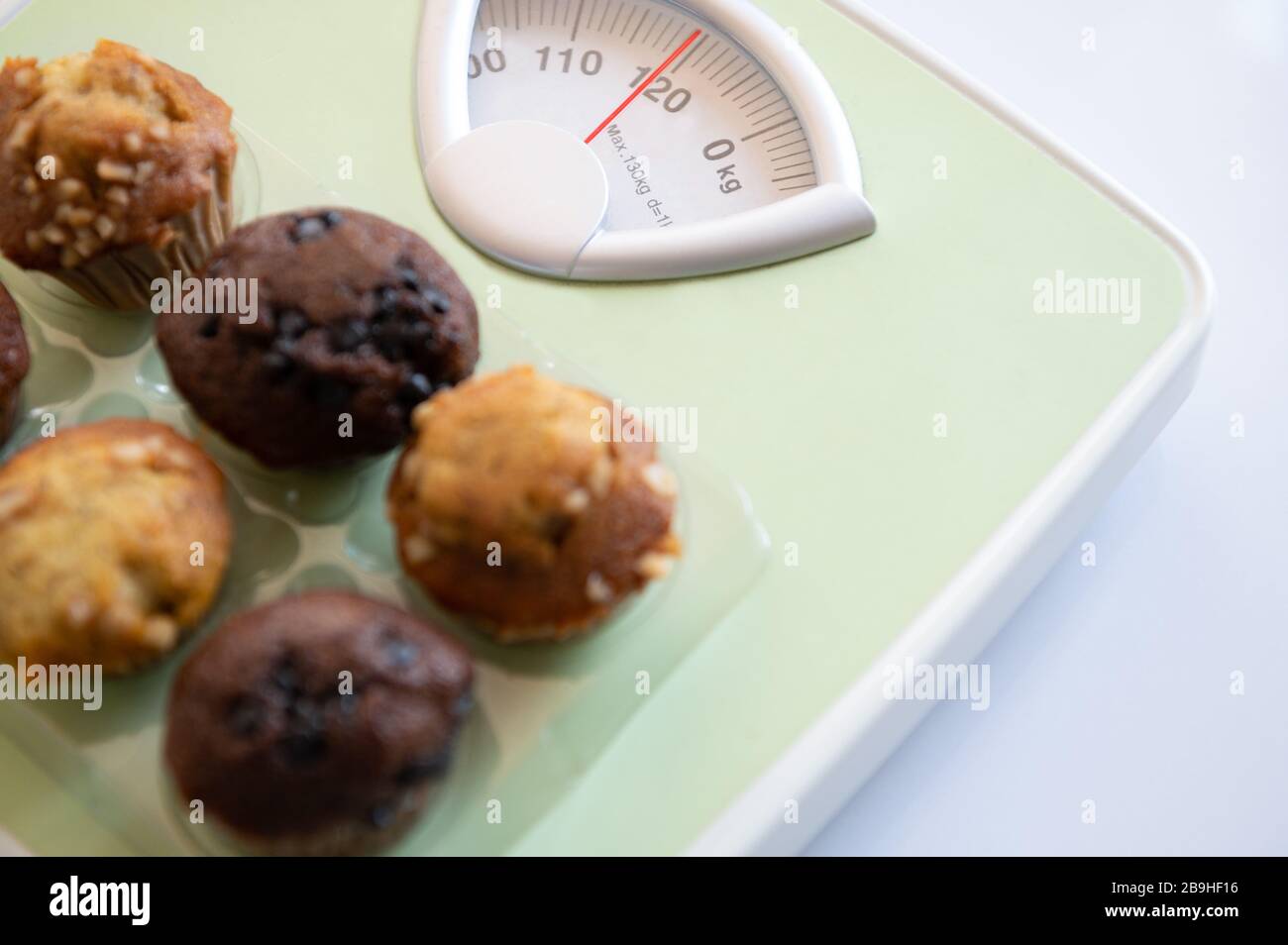 Closeup of weight scale with delicious fat and sweet bread flavor on ...