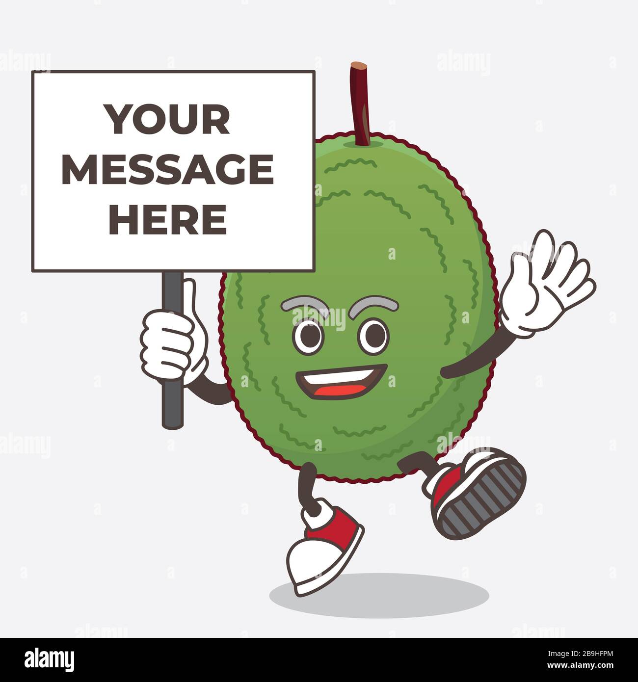 A picture of Jackfruit cartoon mascot character with board sign message ...