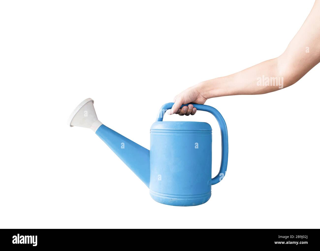 Hand holding a blue watering can, Isolated on white background with ...