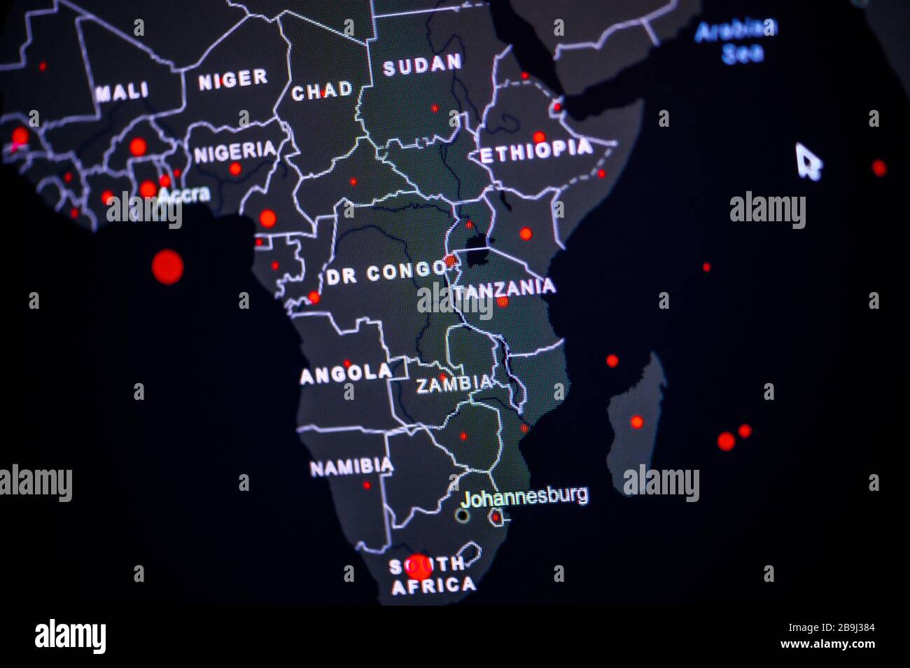 . Coronavirus COVID-19 global cases Map. Red Dot showing the number of ...