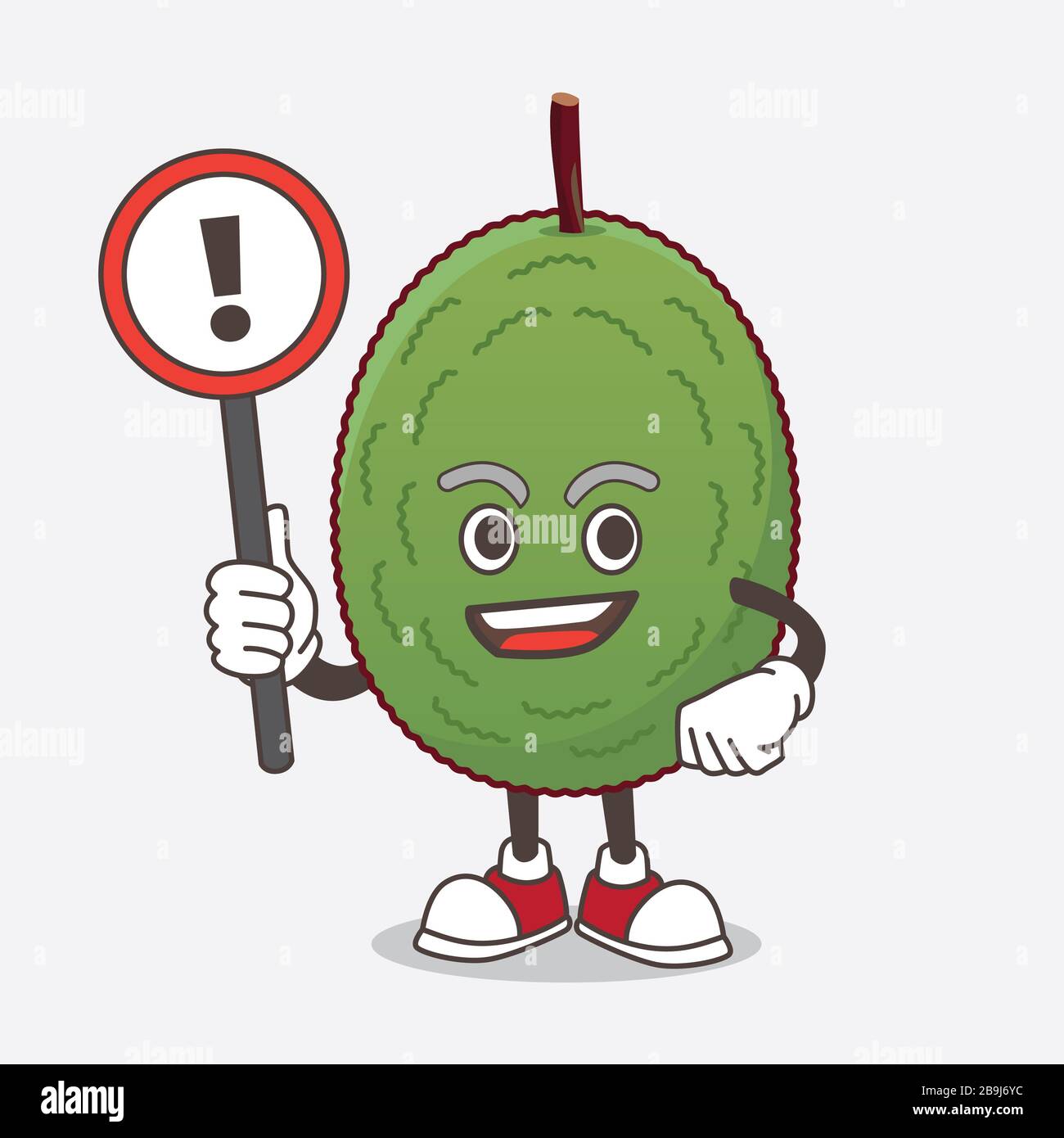 A picture of Jackfruit cartoon mascot character rise up a warning sign ...