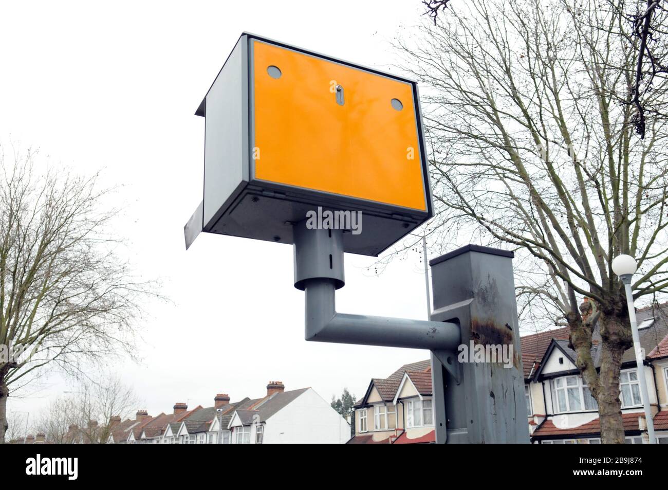Yellow Gatso Speed Camera at side on London high street. Attempted ...