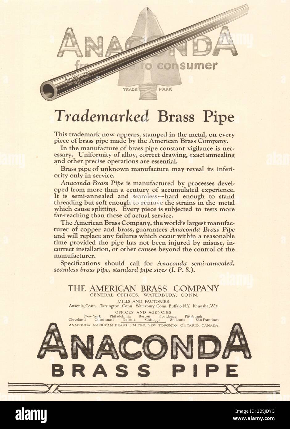Anaconda brass pipe. Trademarked brass pipe. The American brass Company ...
