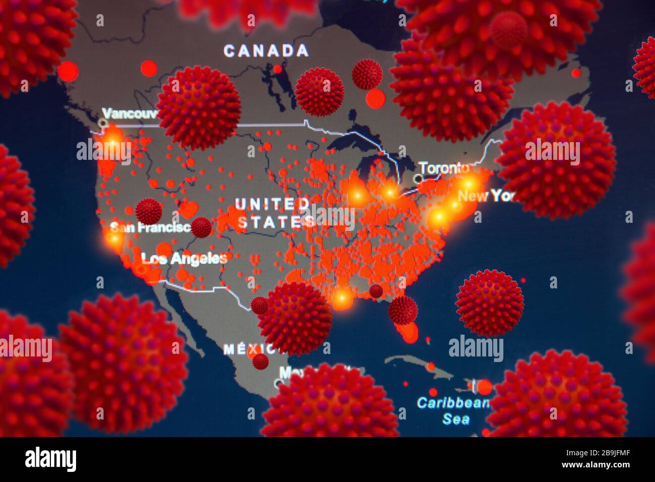 Outbreaks in in the United States of America, Canada, Mexico. Map with ...