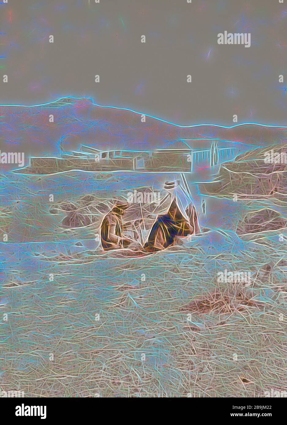 Two men seated in front of building, one with rababeh, a single string ...