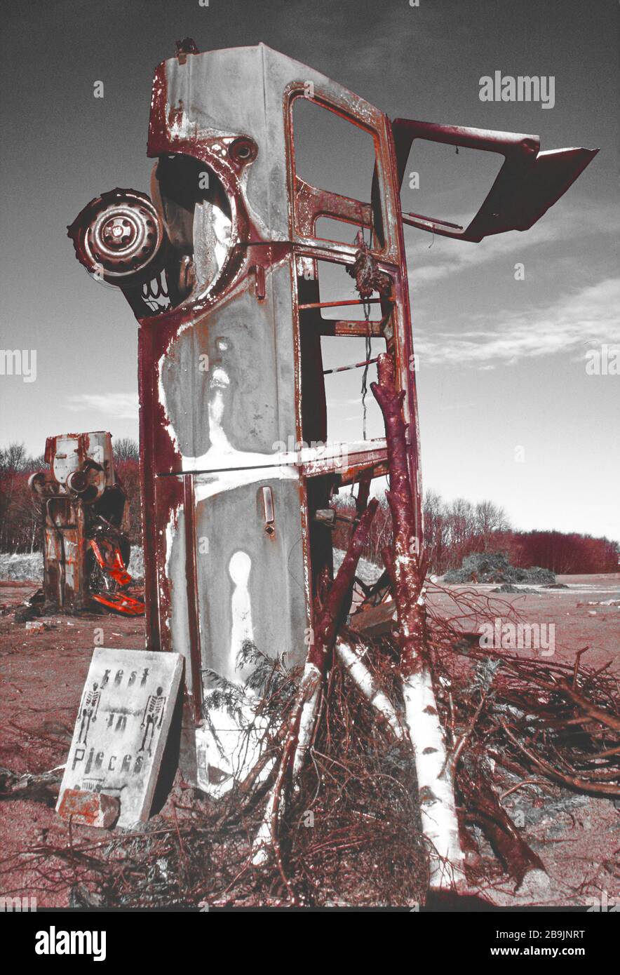 Carhenge in Pollock Park, Glasgow 1994. A collection of rusting cars ...