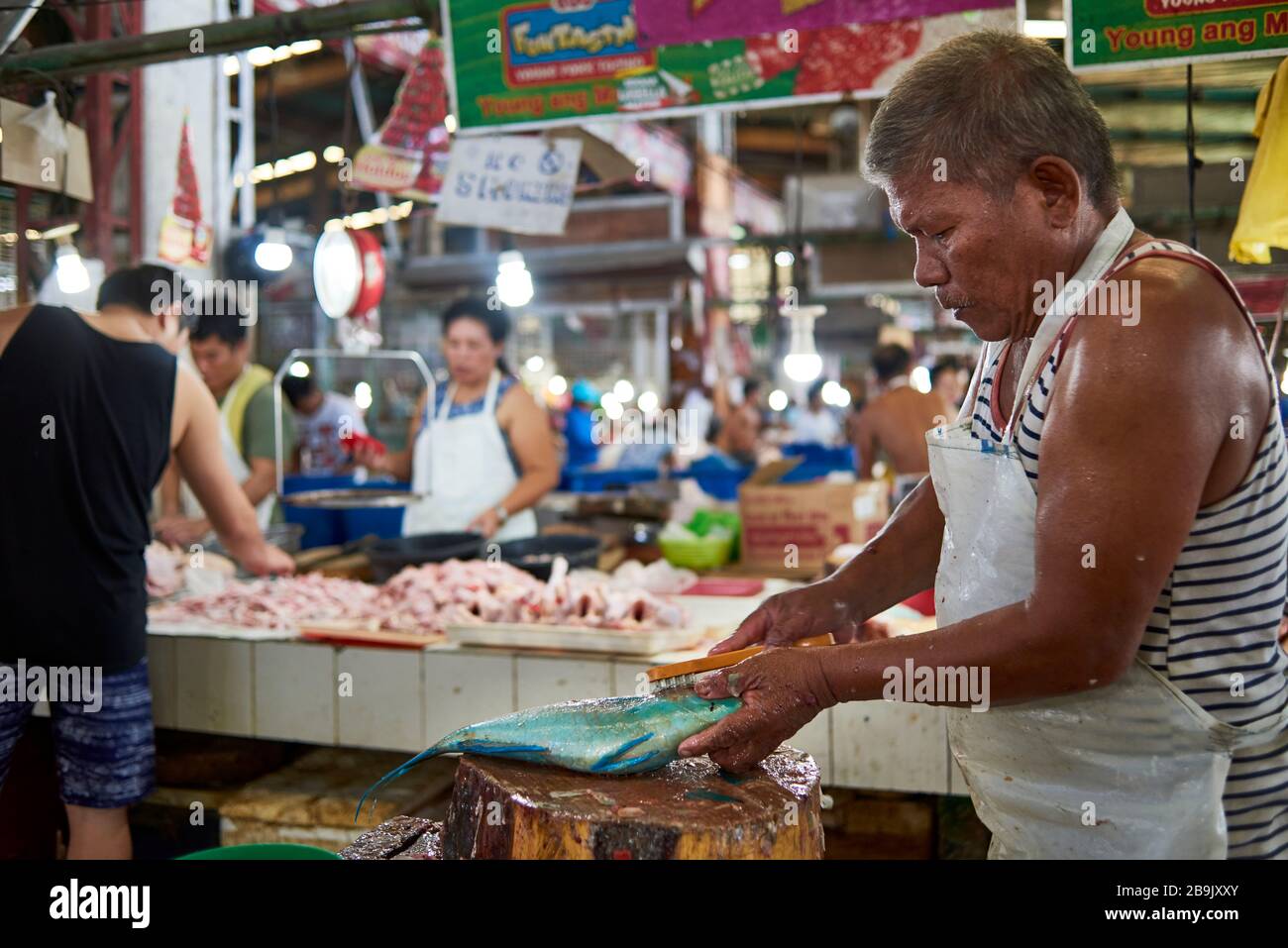 Fishmonger cutting fish inside the fish section of the Carbon public ...