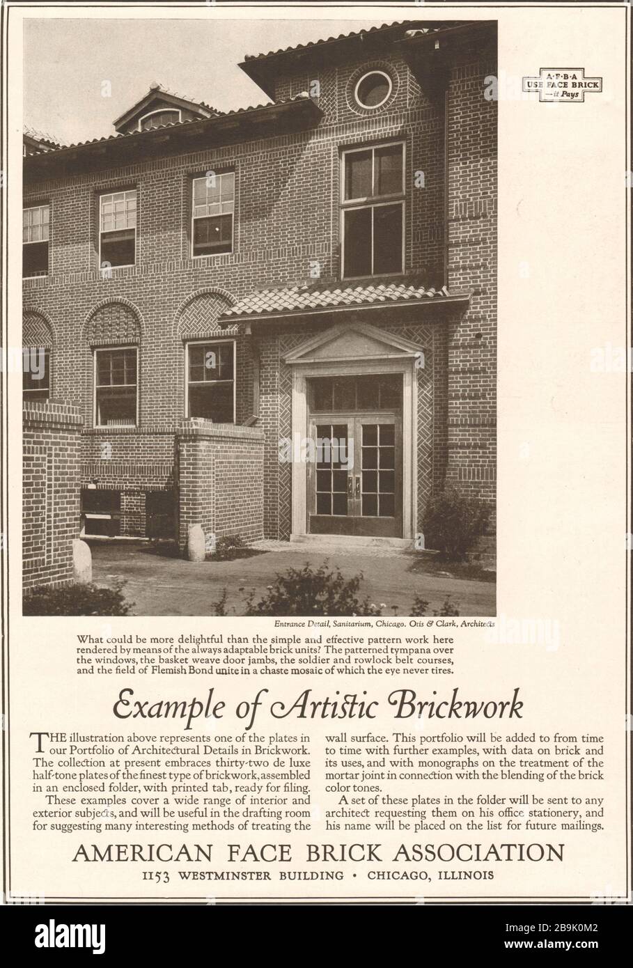 Chicago Sanitarium. Artistic brickwork. American Face Brick Association ...