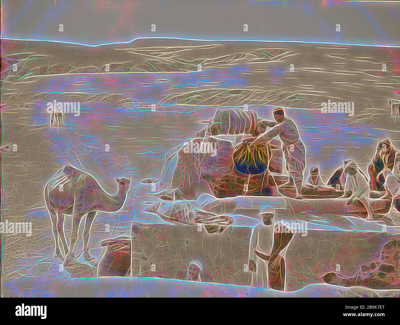 Drawing water by camel and cow power. Large goatskin bucket drawn up ...