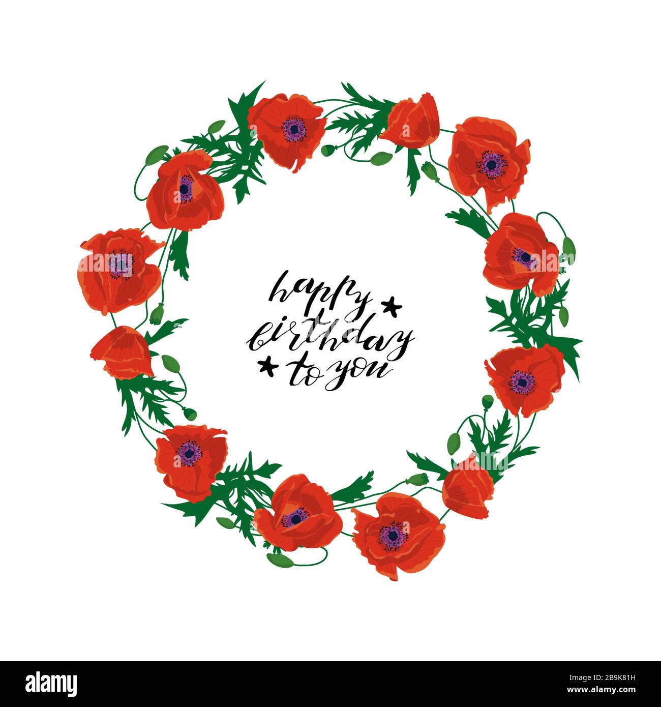 Hand drawn red poppy flowers circular wreath and hand lettering happy ...