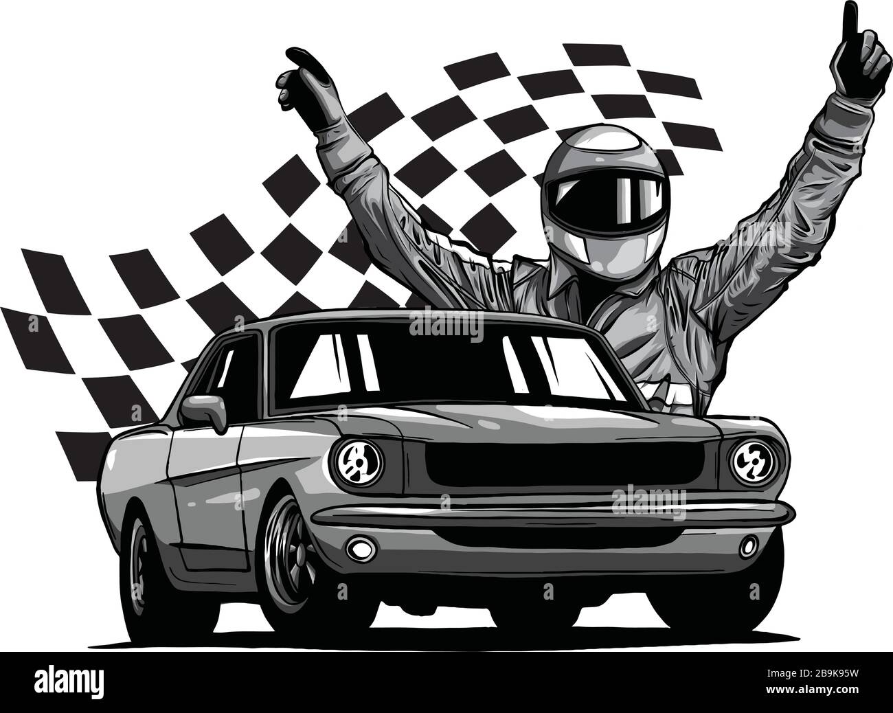 Monochromatic vector illustration of a race car driver in front of his ...