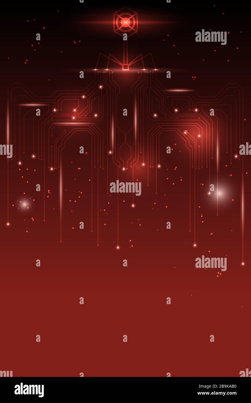 Abstract technology background with glowing virus on electronic circuit with red sparkle effect ...