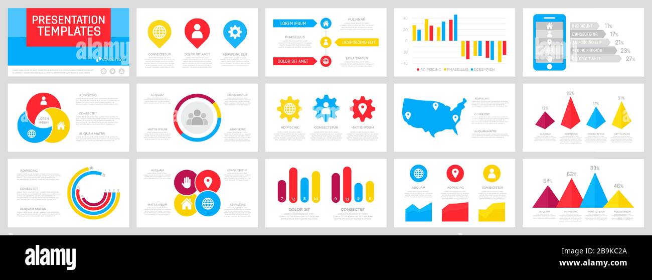 Set of purple, red, blue and yellow elements for multipurpose ...