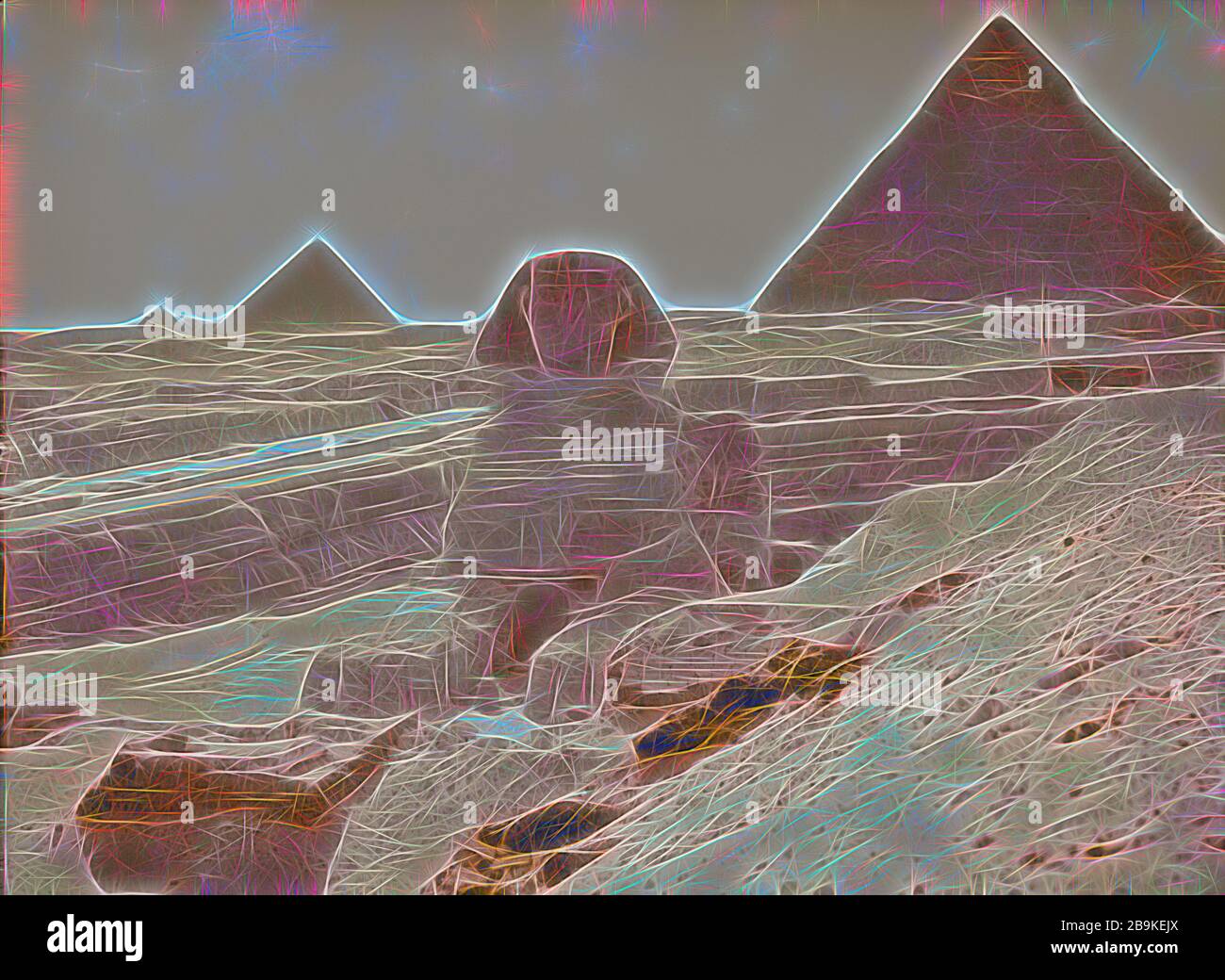 Egypt. Sphinx & pyramids. Sphinx (front view with two pyramids in ...