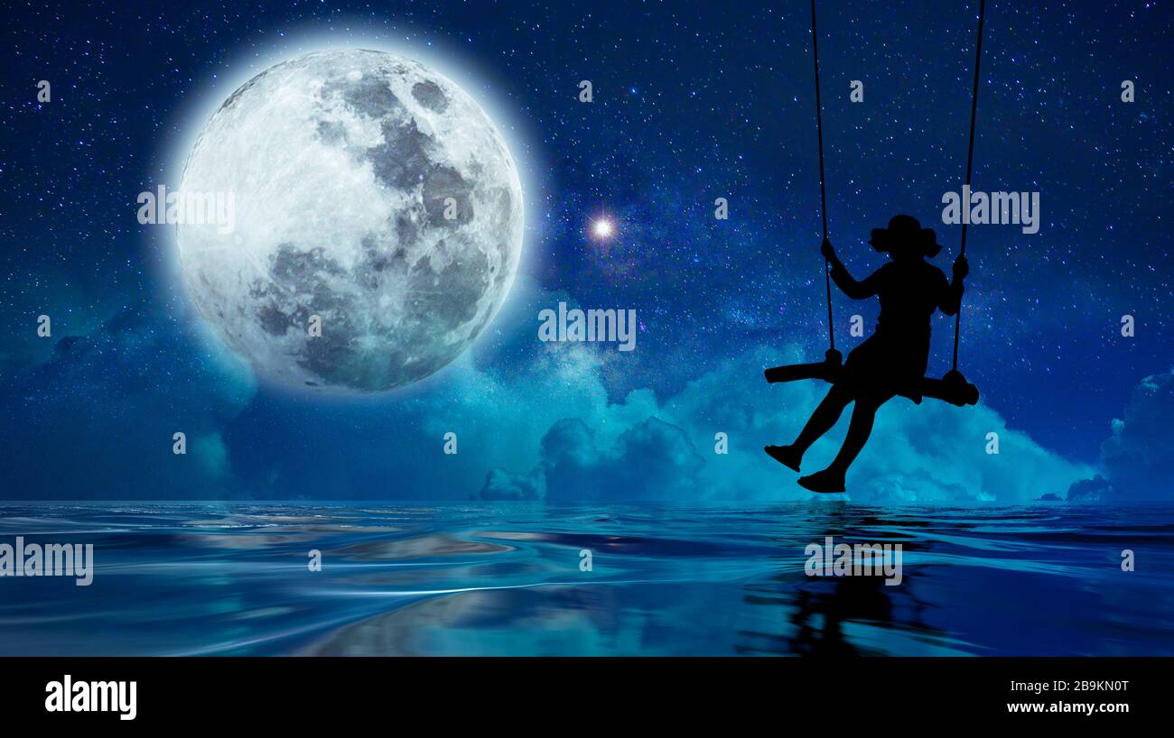 imagination The girls are cradling amidst many stars and full moon at ...