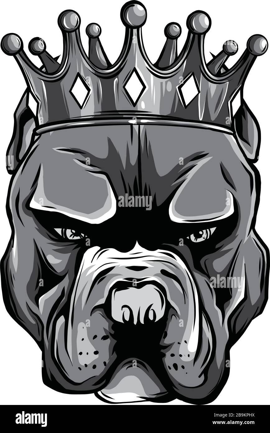 Vector illustration of a pit bull dog head in a golden crown, king, on ...