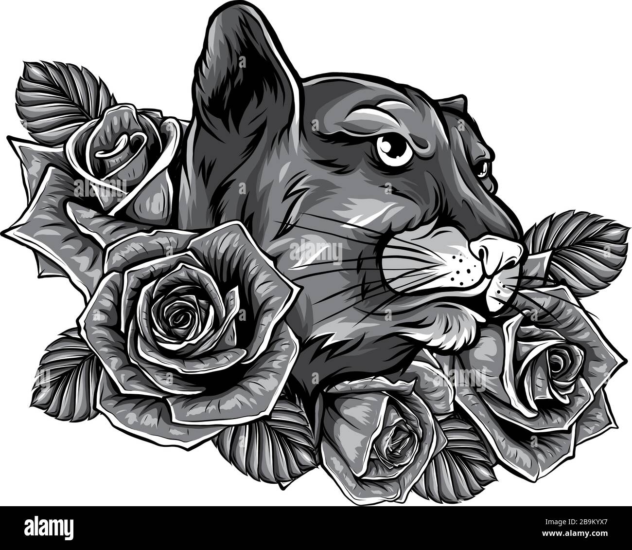 Panther monochromatic roses tattoo graphic vector illustration Stock ...