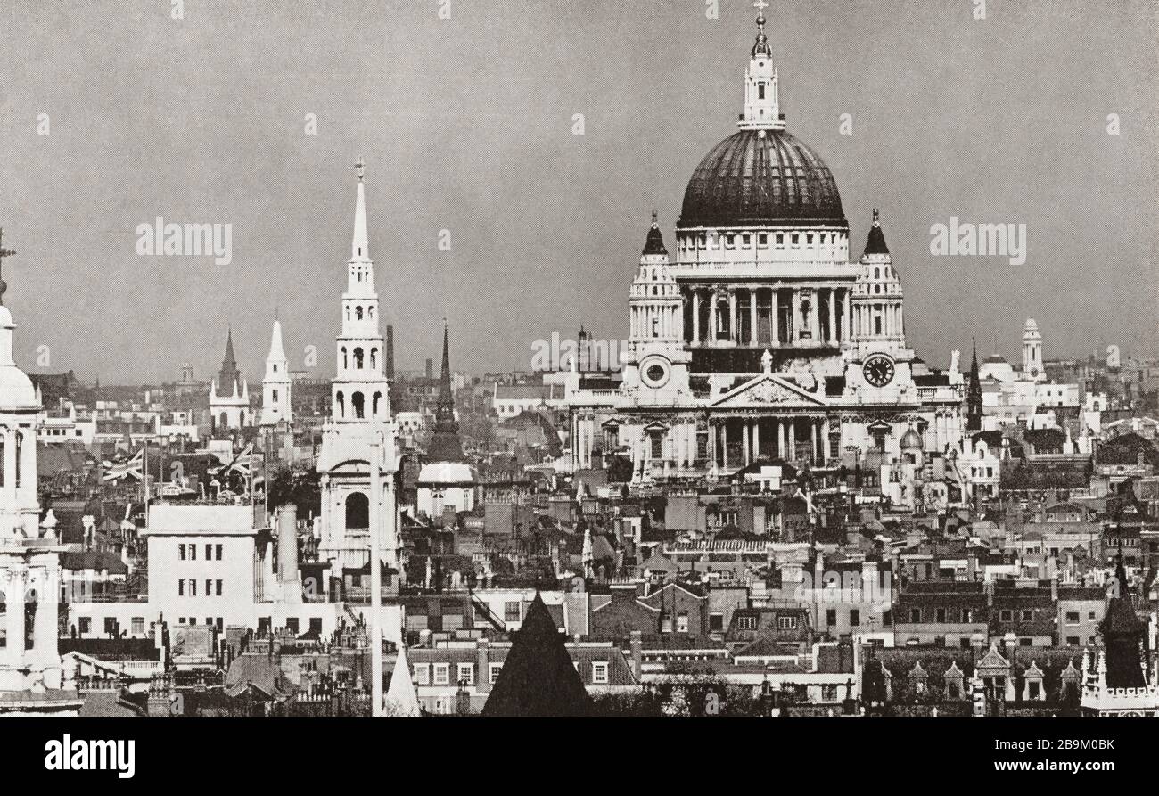 The dome of St. Pauls and the spires and steeples of the city of London ...