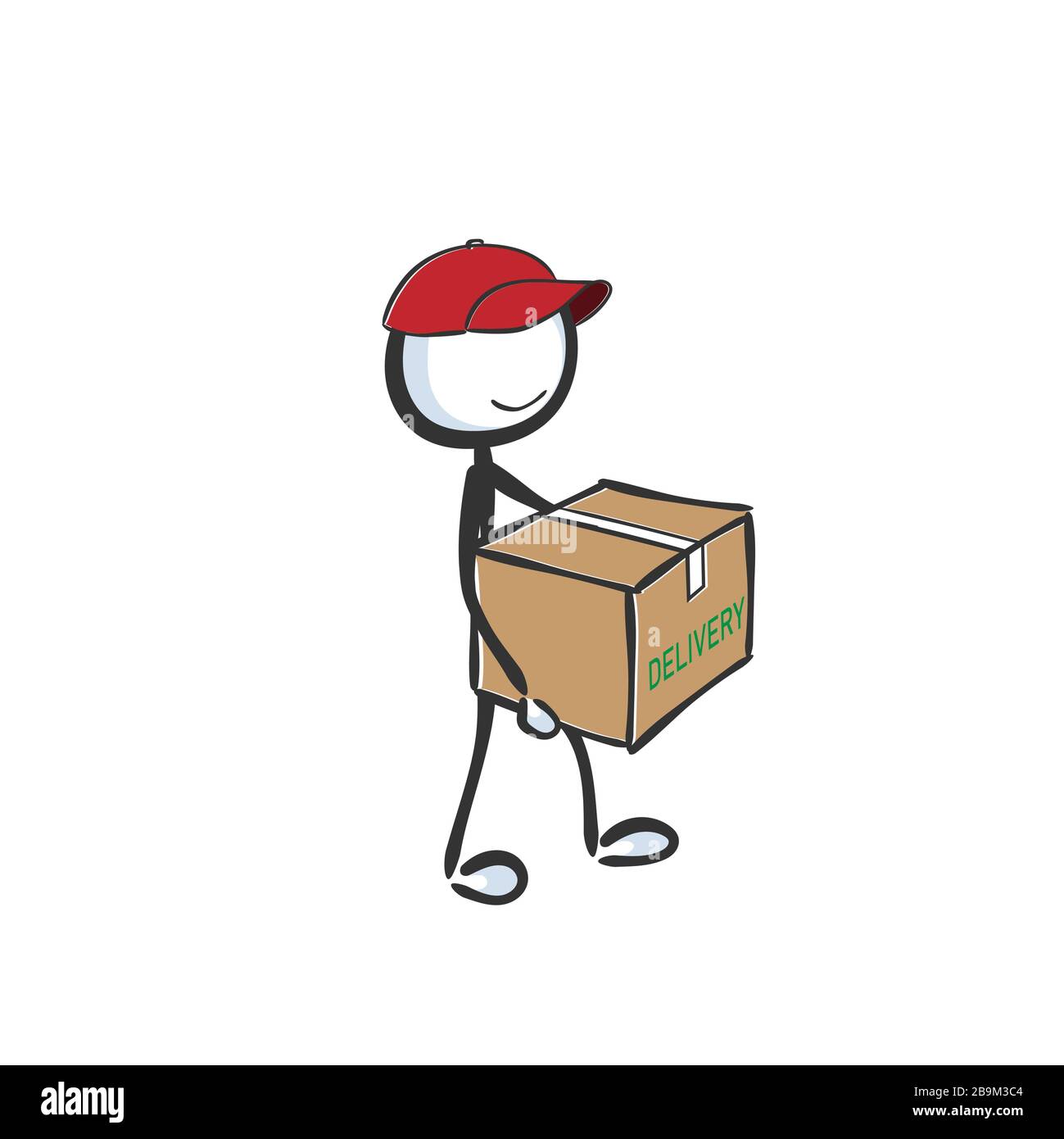Home food delivery. Door delivery. Postman with parcel. Hand drawn ...