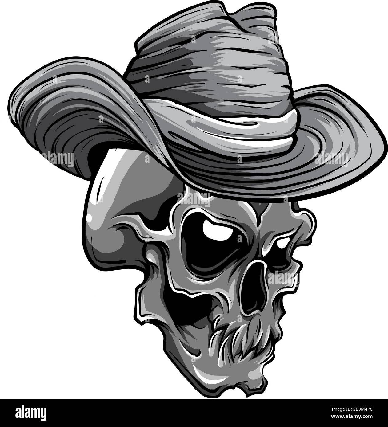 monochromatic vector illustration of cowboy skull cartoon style Stock ...