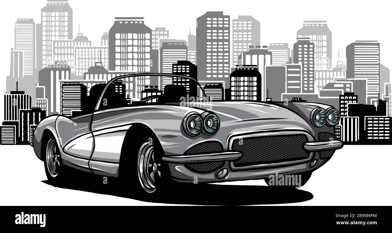 monochromatic old racing car with grunge city background Stock Vector ...