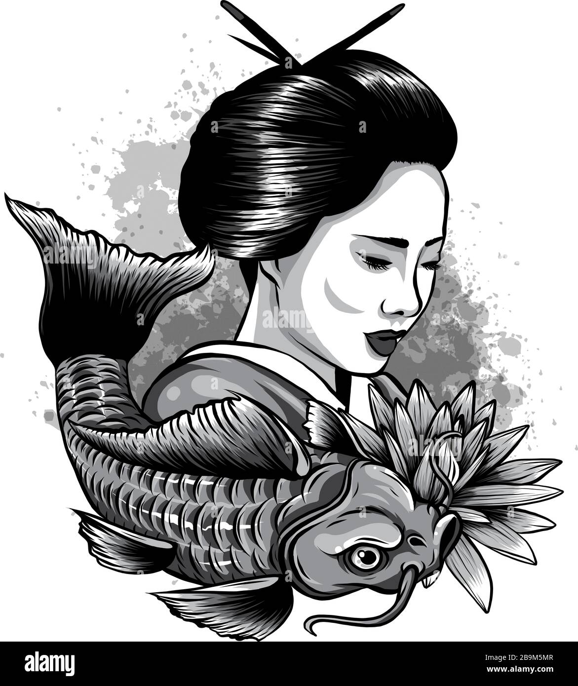 monochromatic Vector illustration of Japanese geisha feeding sacred Koi ...