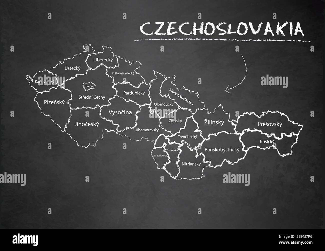 Czechoslovakia map administrative division separates regions and names ...