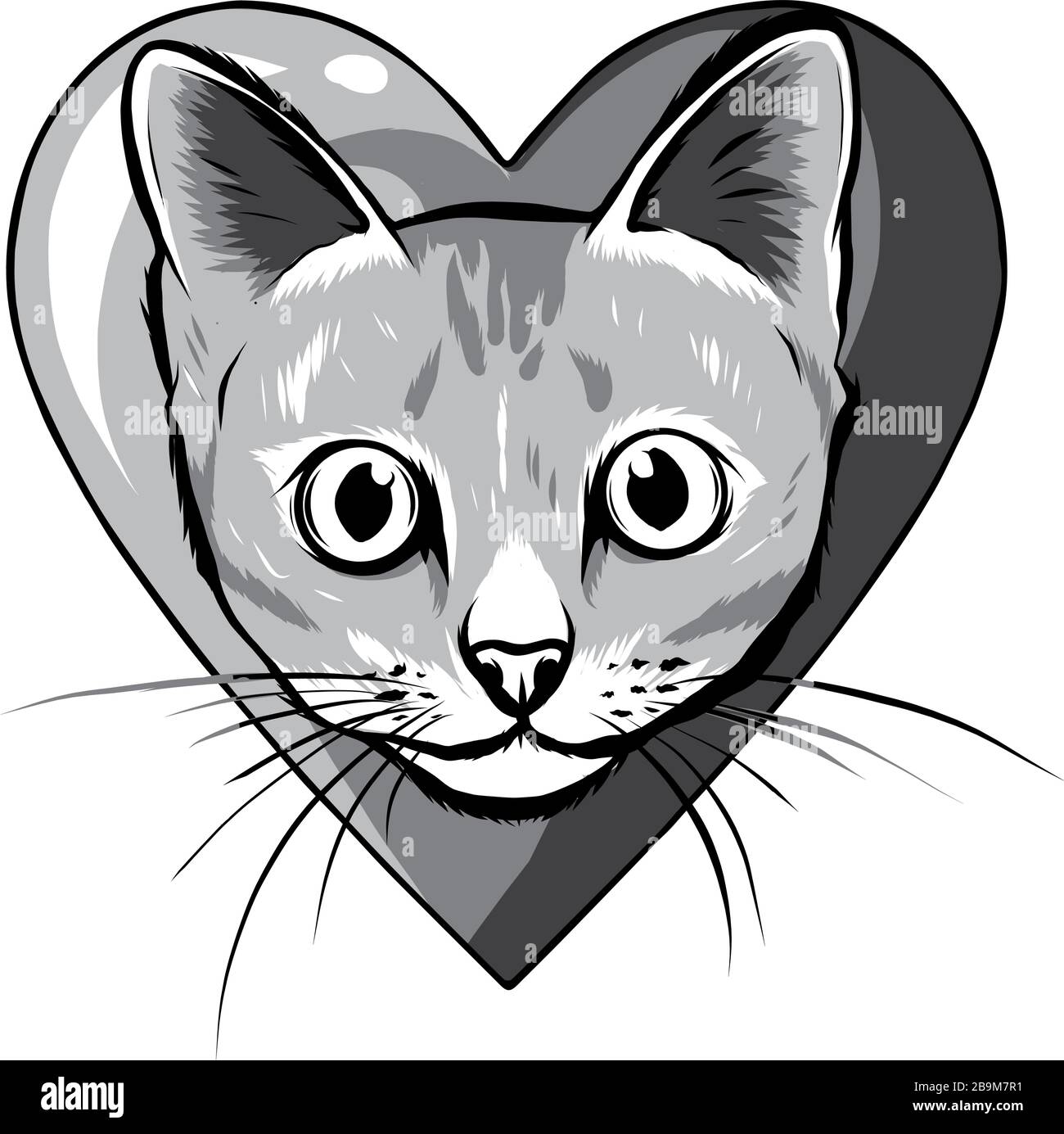 monochromatic Black cartoon cat biting a huge heart Stock Vector Image ...
