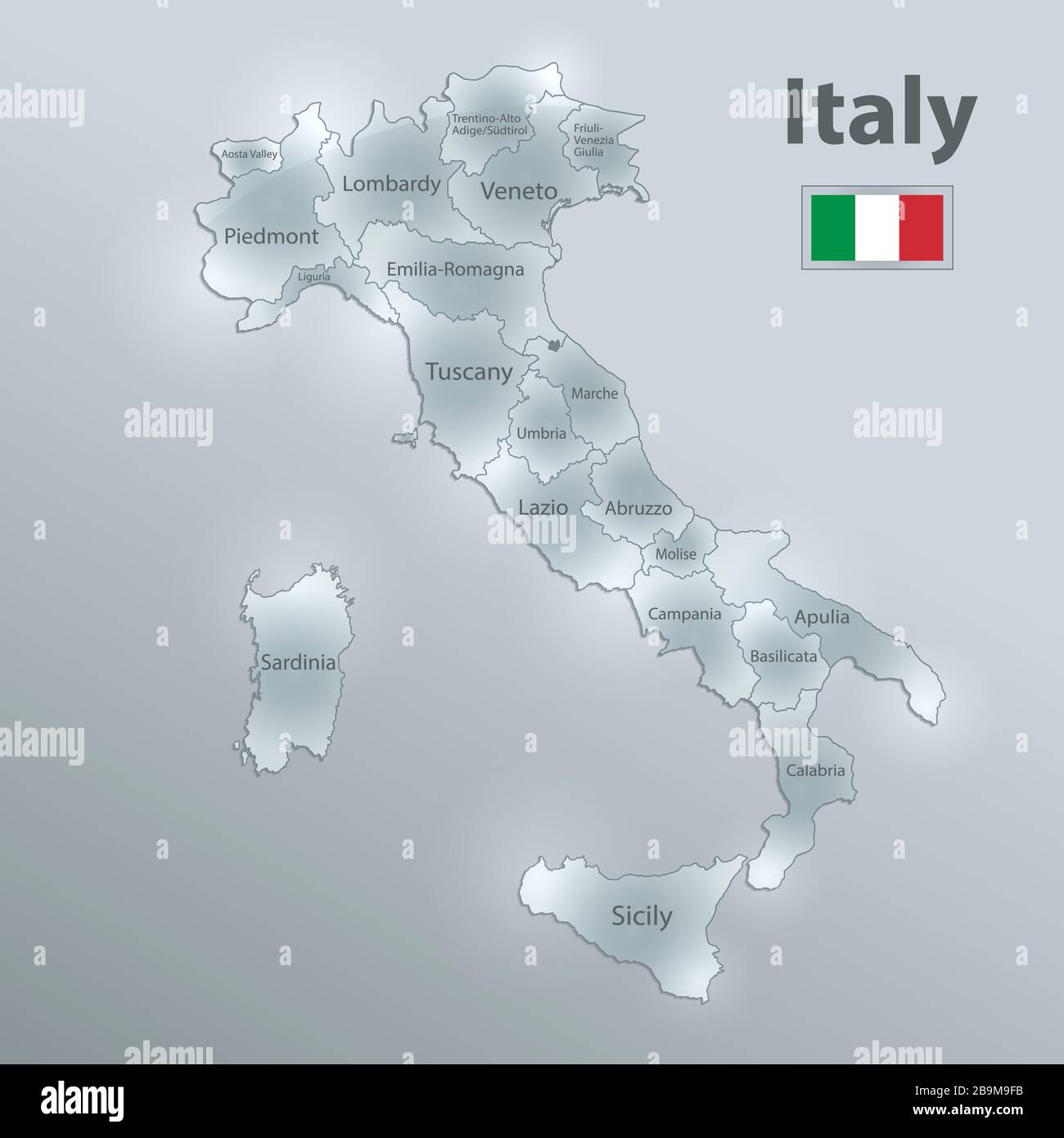 Italy map and flag, administrative division separates regions and names ...