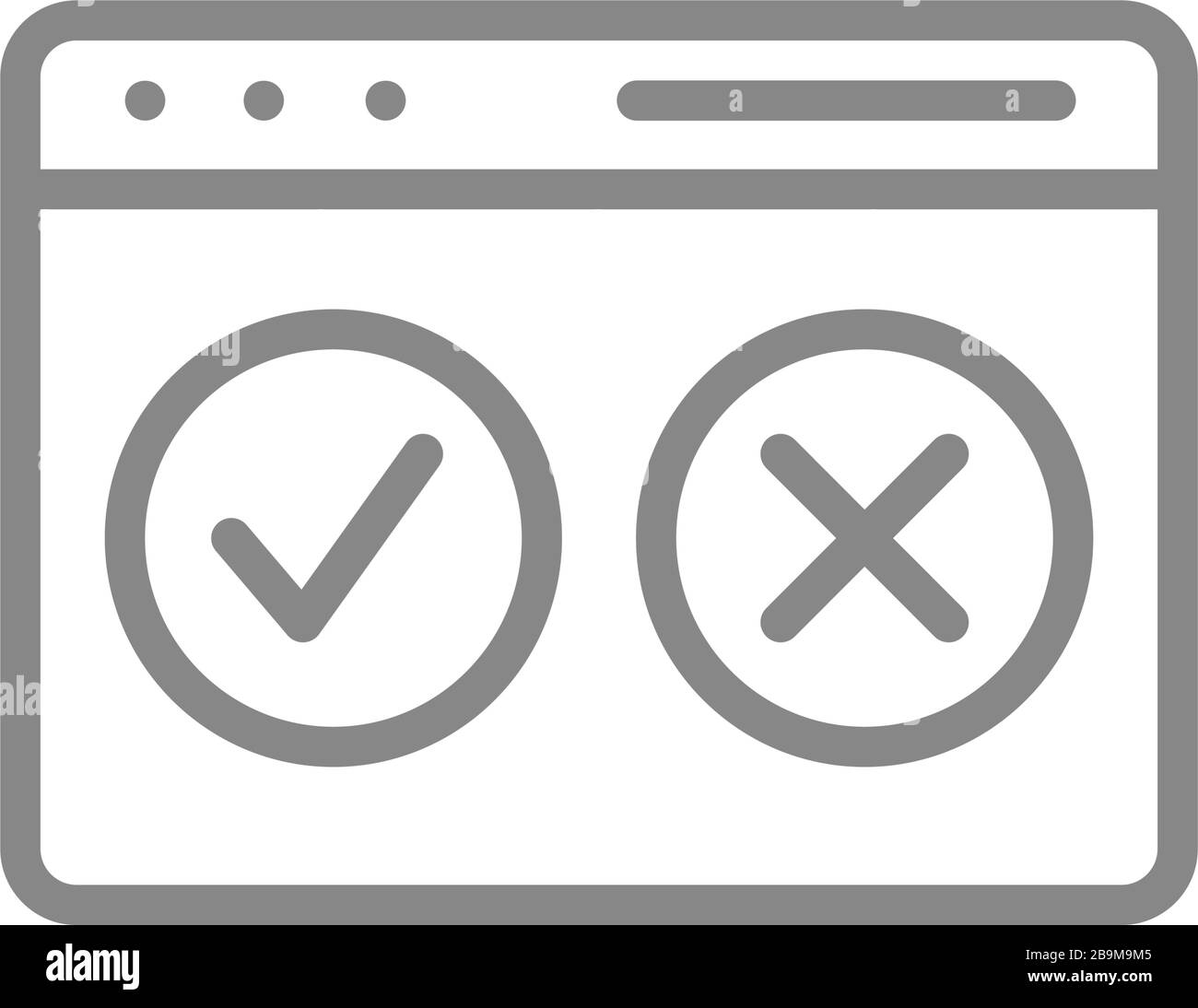 Tick and cross checkmarks with webpage line icon. Correct and incorrect ...