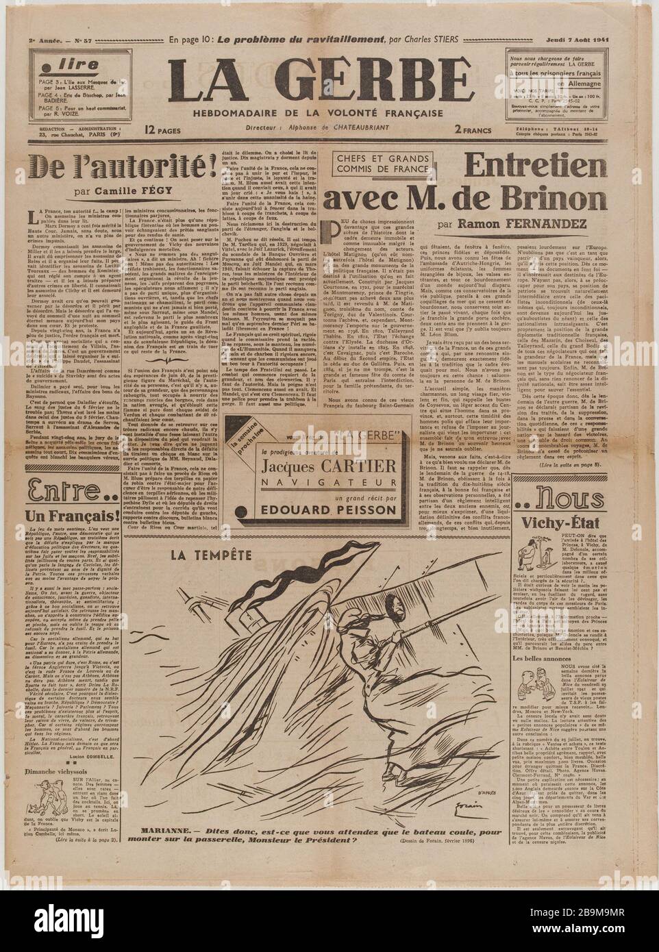 Newspaper "La Gerbe" of August 7, 1941 Journal "La Gerbe" du 7 août ...