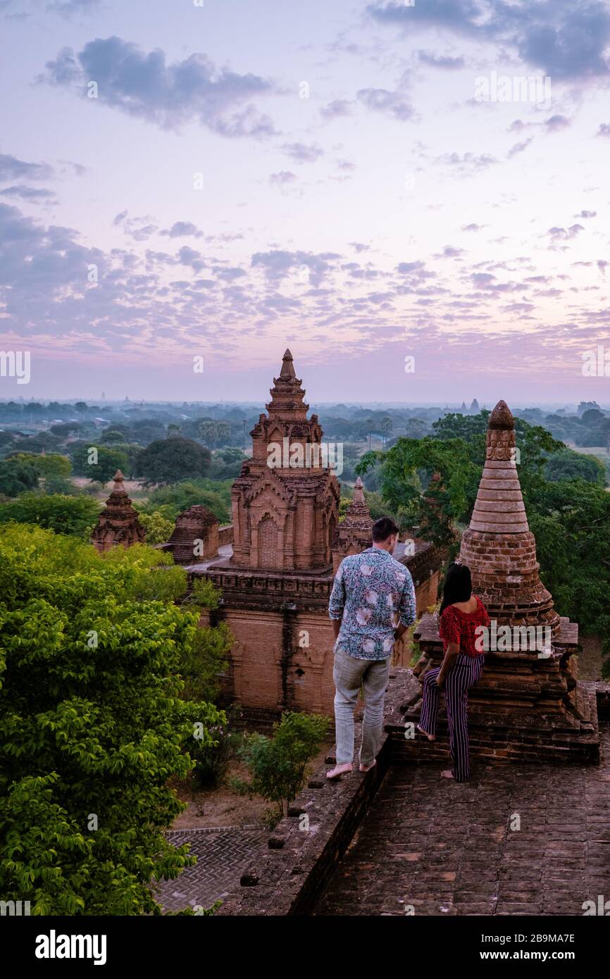 Myanmar, couple sunrise Bagan, men woman sunset Bagan .old city of ...
