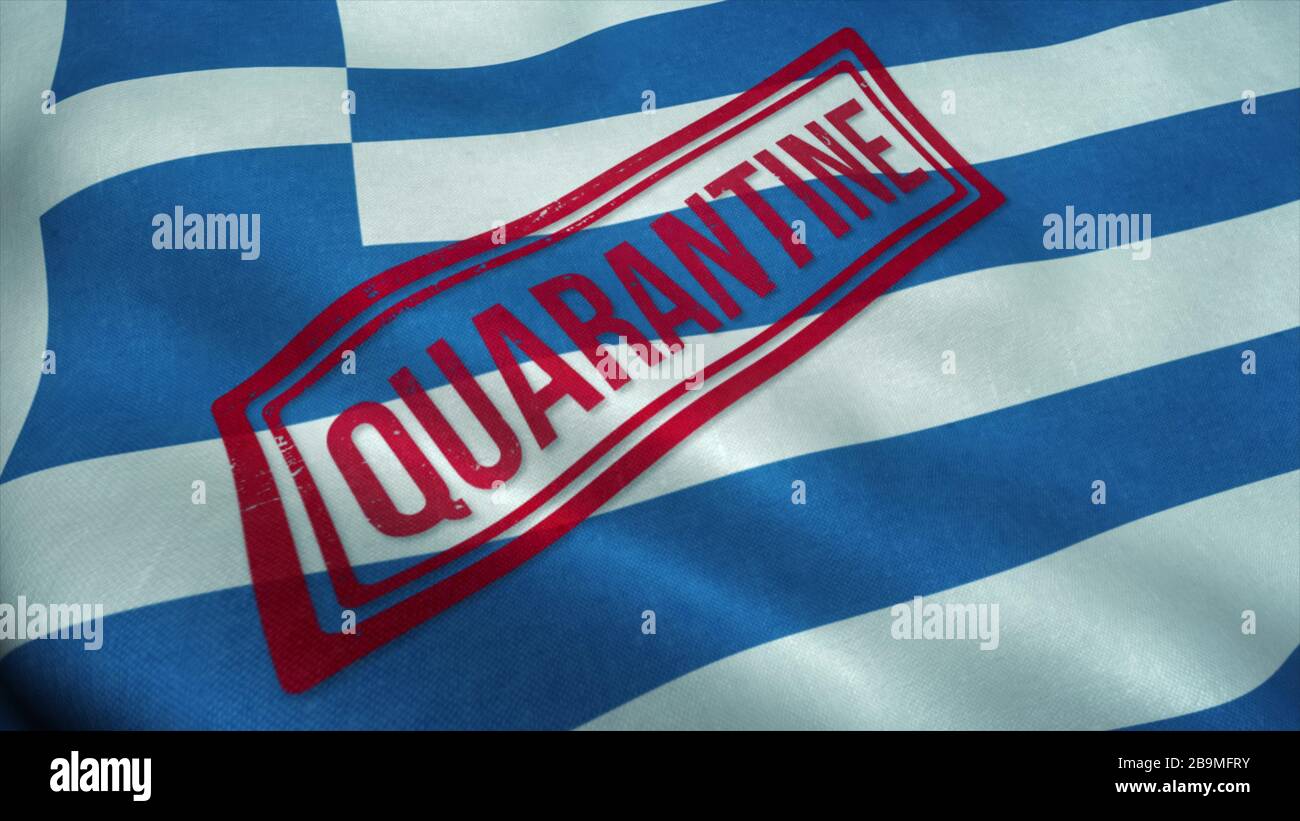 Quarantine stamp on the national flag of Greece. Coronavirus concept ...