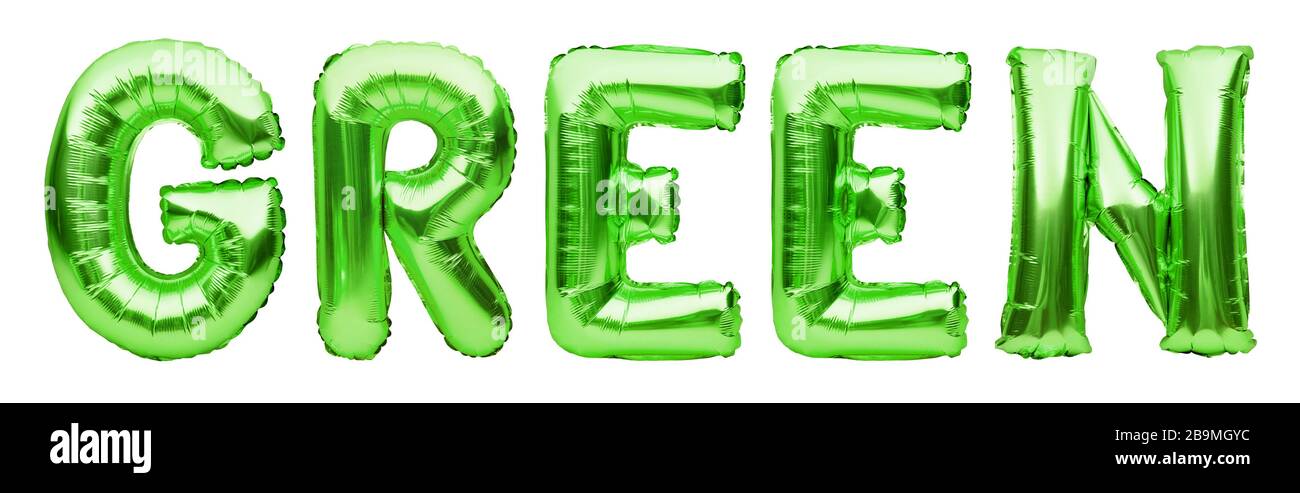 Word GREEN made of green inflatable balloons isolated on white ...