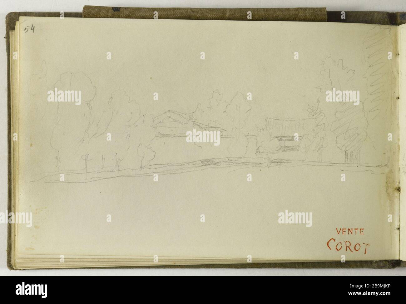 NOTEBOOK DRAWING SKETCH: HOUSE, TREES AND RED STAMP SALE COROT (PAGE 54 ...