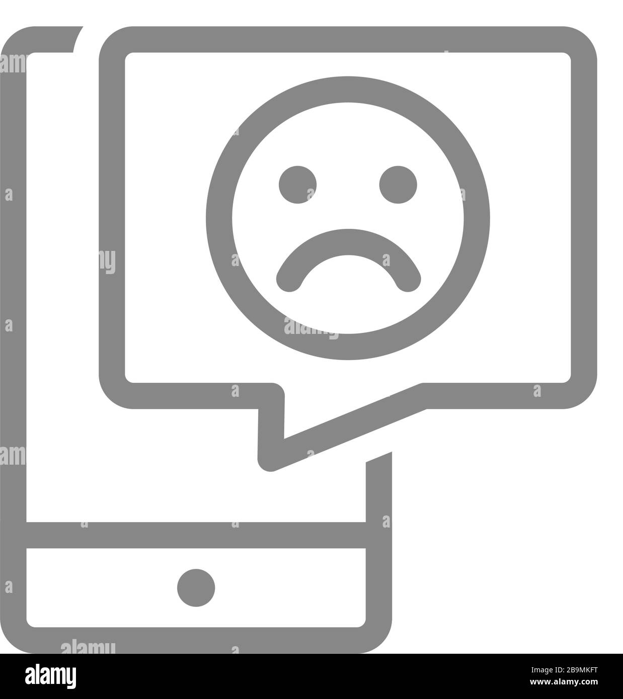 Smartphone with sad face in speech bubble line icon. Client ...