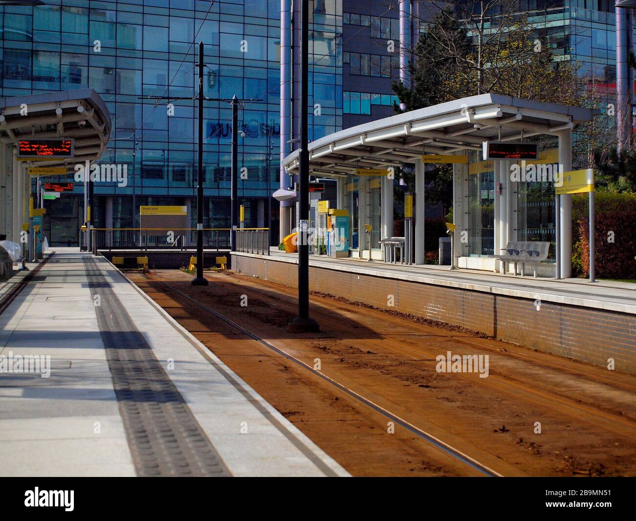 Empty tram terminal at media city after covid 19 coronavirus lockdown ...