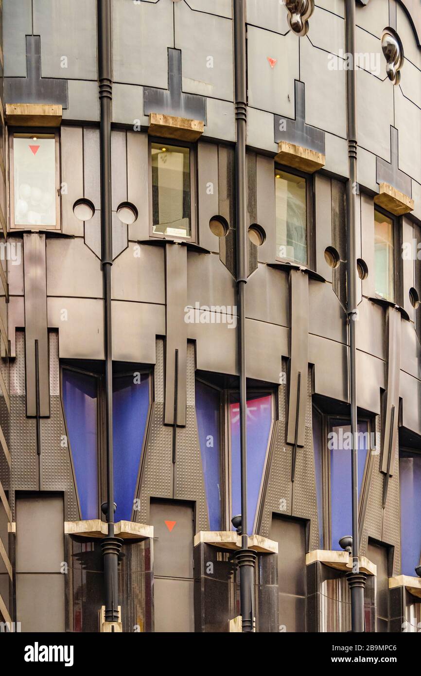 Exterior detail view of futuristic style building, shibuya district ...