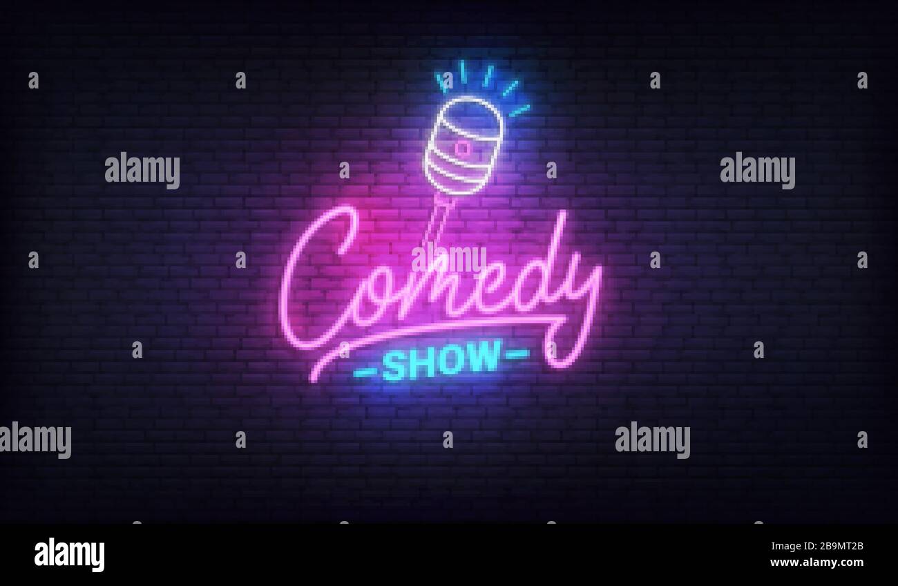 Comedy show neon template. Comedy lettering and glowing neon microphone ...