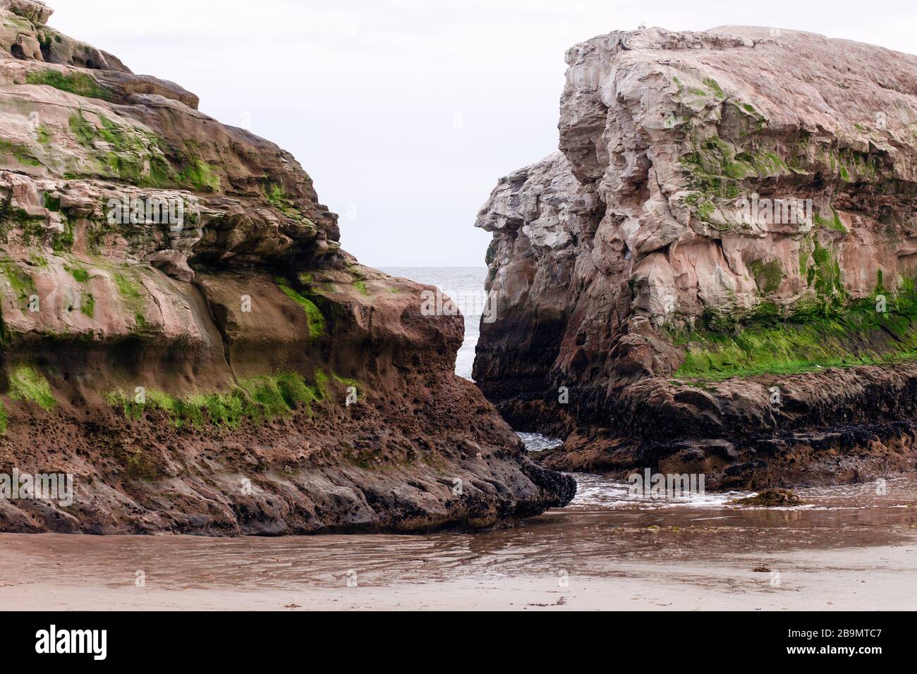 Two Large Stone Cliffs on a Sandy Beach at Natural Bridges State Park ...
