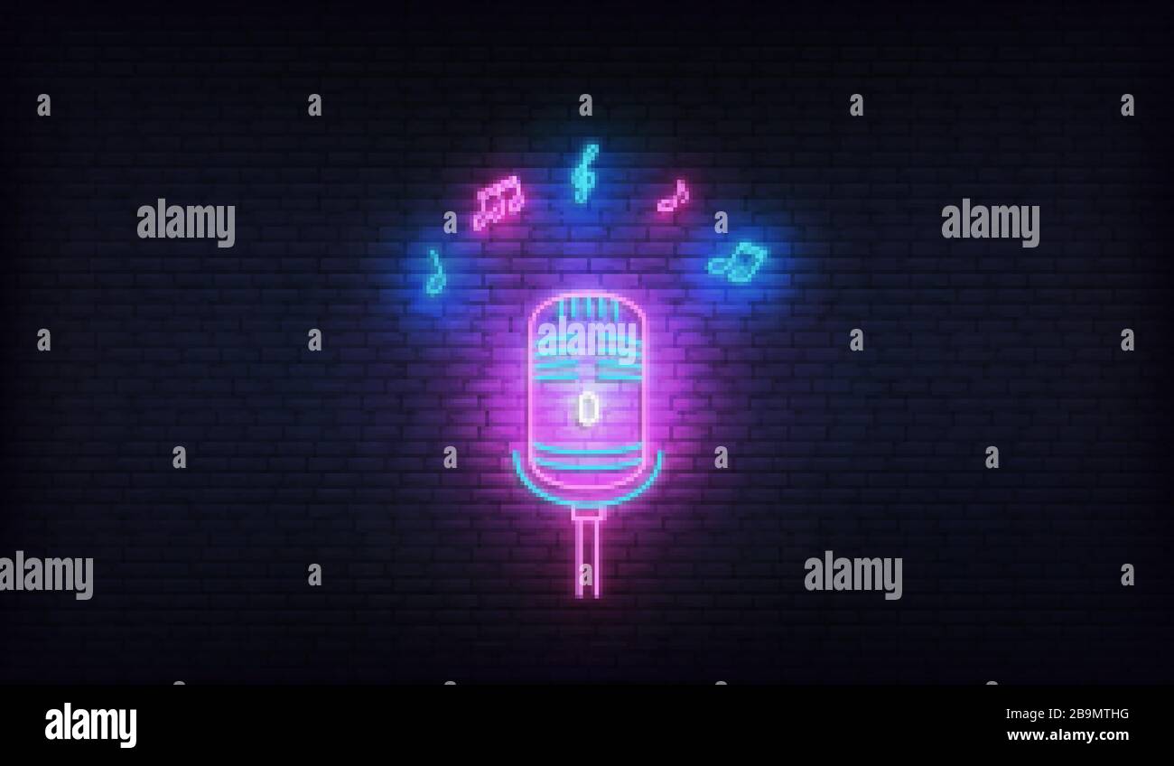 Microphone with music notes. Neon template for karaoke, live music ...