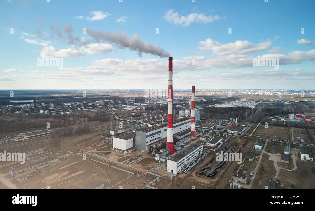 Power factory plant on field above drone top view Stock Photo - Alamy