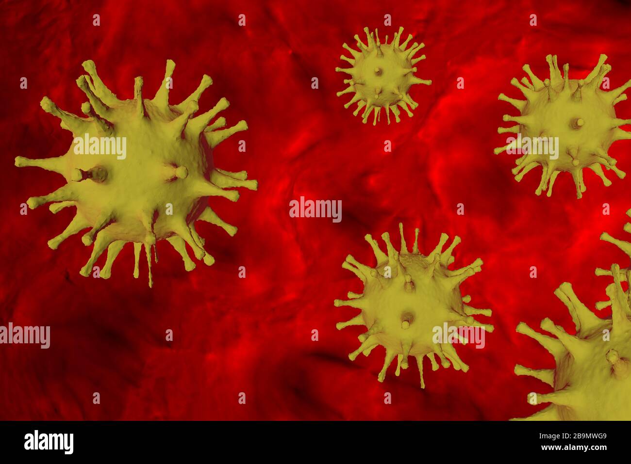 Coronavirus in the world. Group of yellow coronaviruses on a red ...