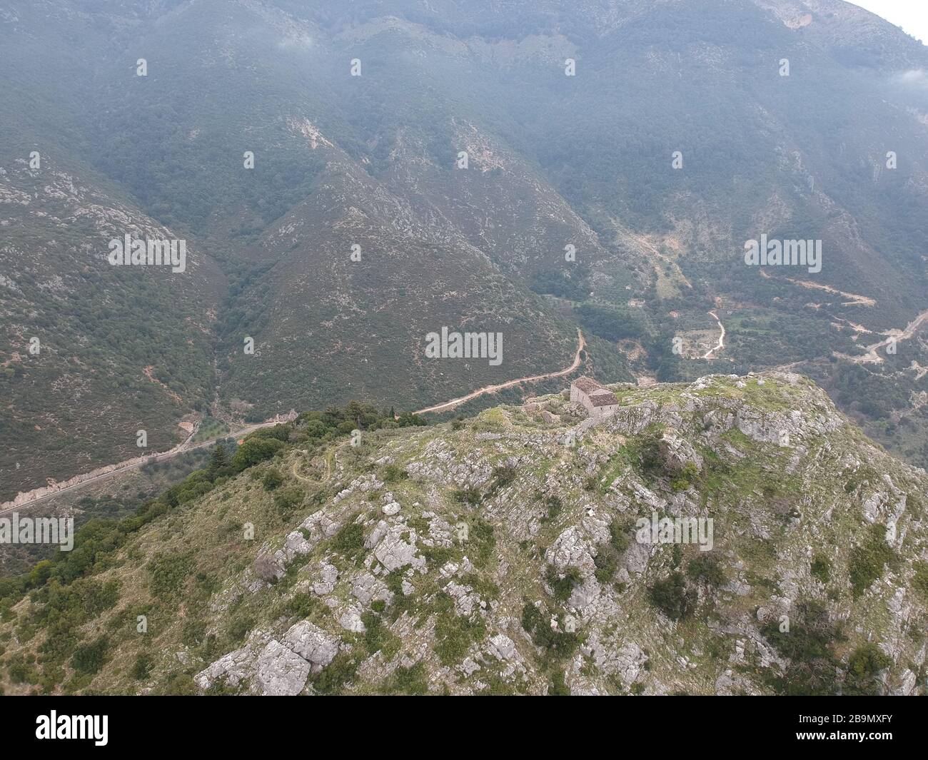 aerial view of famous kugi historical greek souli village where monk ...