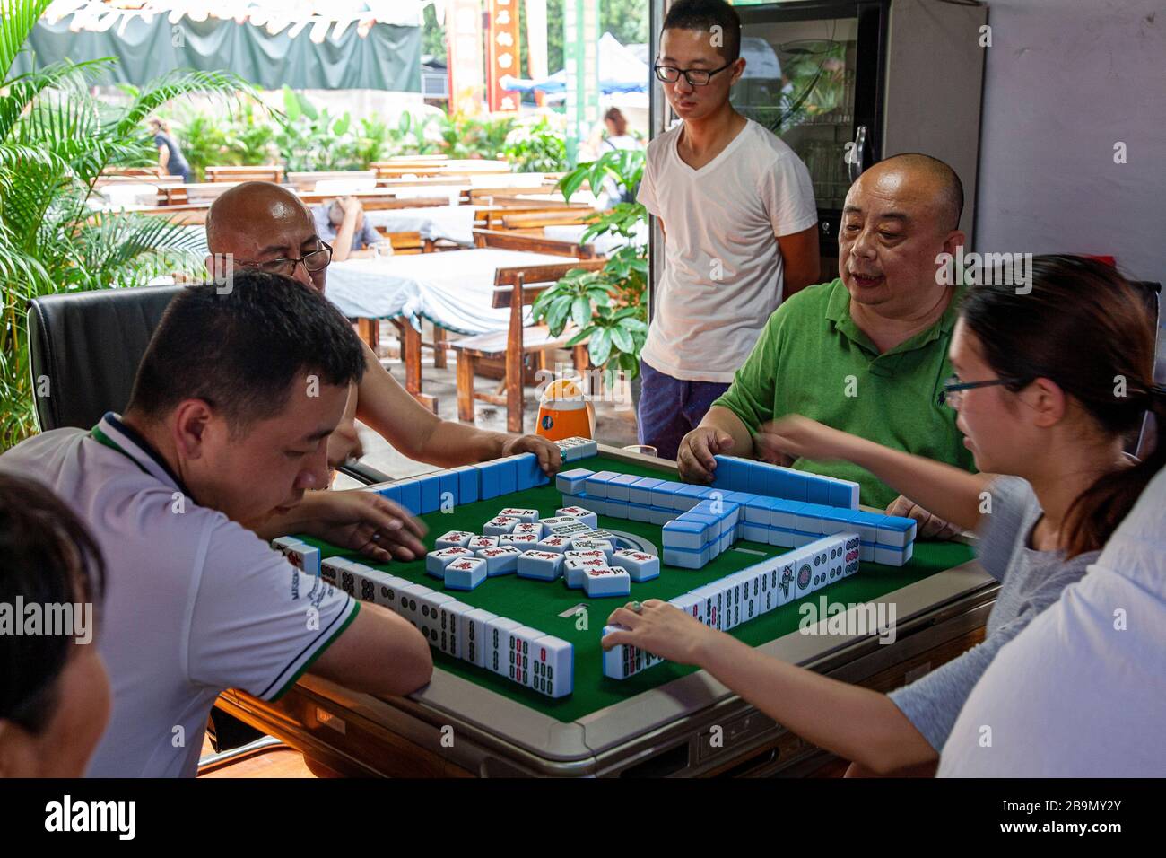 Chinese men and women playing mahjong in cafe on Chengdu Street Market ...